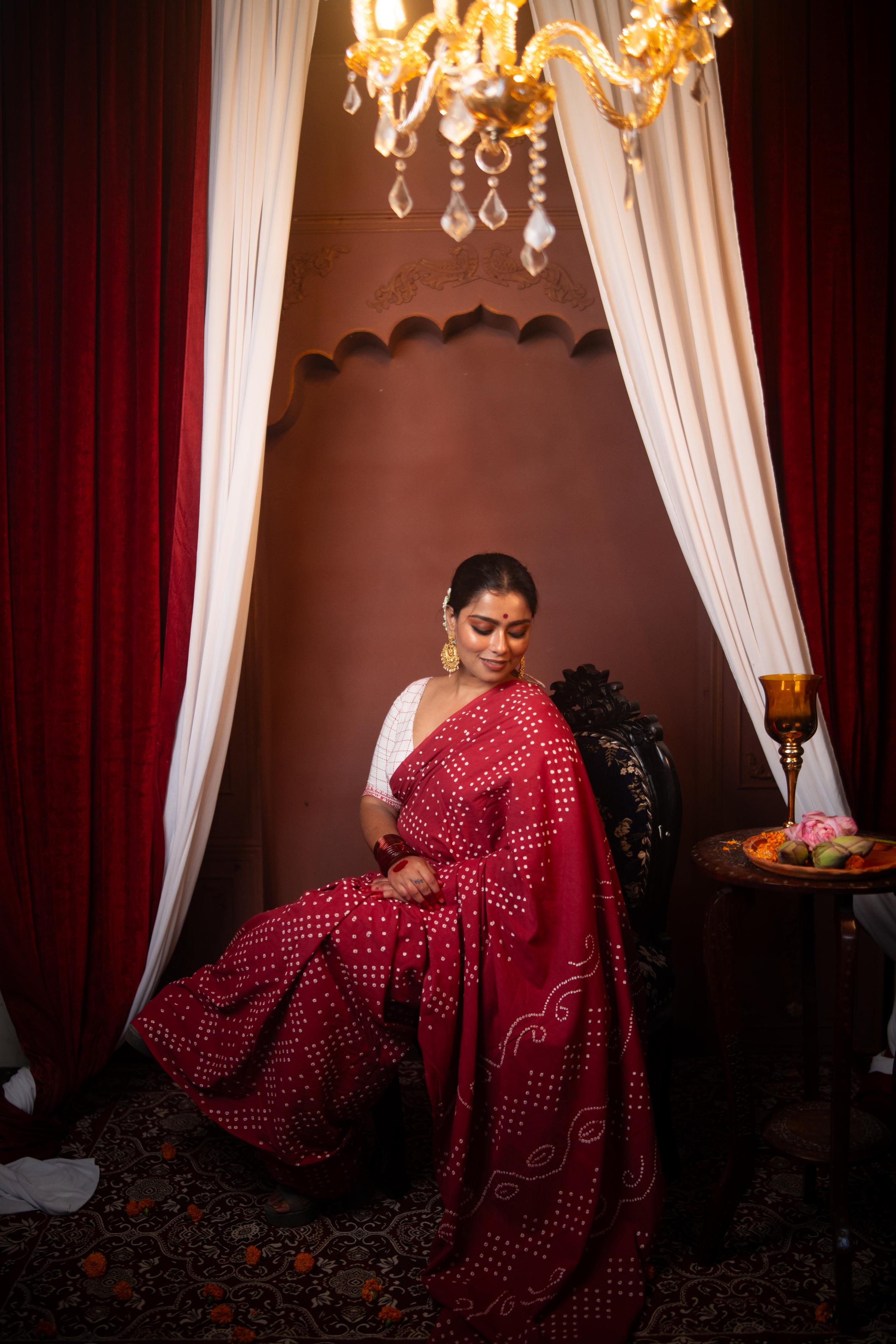 Hand knotted Kutchi Bandhani cotton saree - Boondh – Kaisori